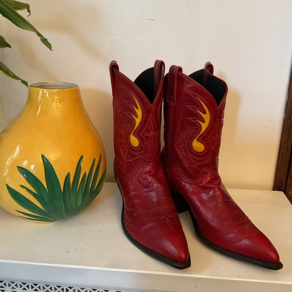 Shoes | Red Western Cowboy Boots With Yellow Flame Design | Poshmark